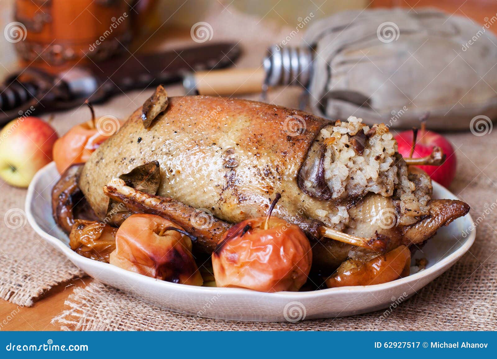 Roast duck with apples stock image. Image of knife, roast - 62927517