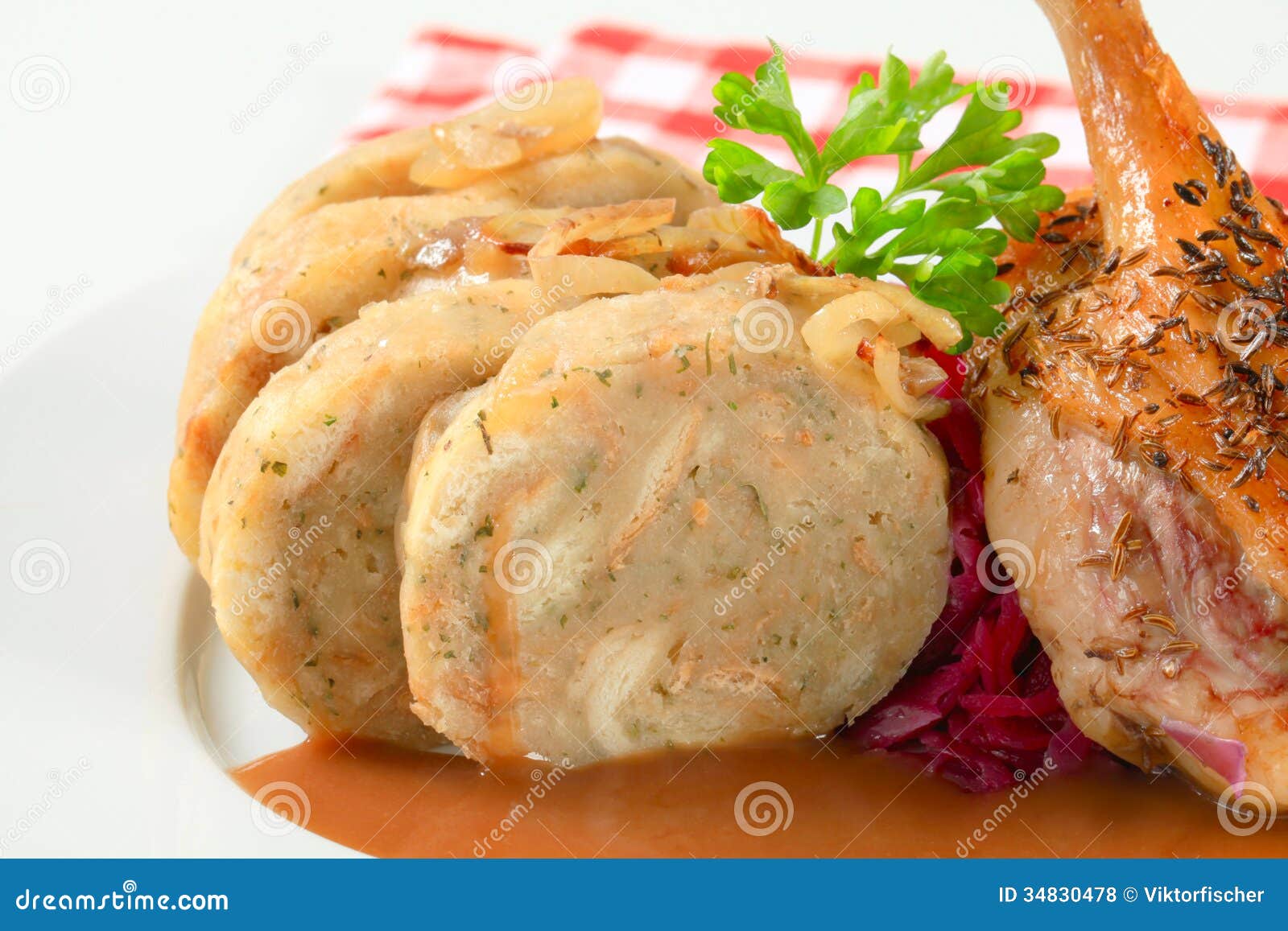 Roast Duck with Bread Dumplings and Red Cabbage Stock Photo - Image of ...