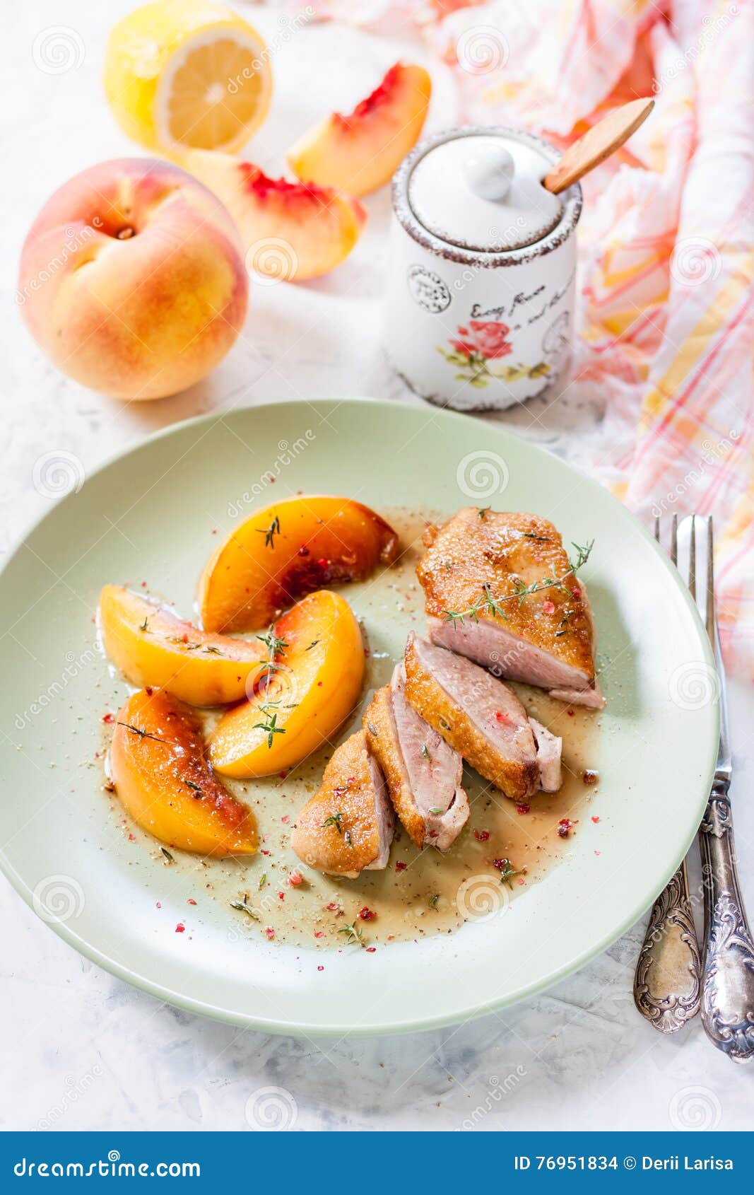 Roast Duck Breast with Peaches Stock Photo - Image of healthy, food ...