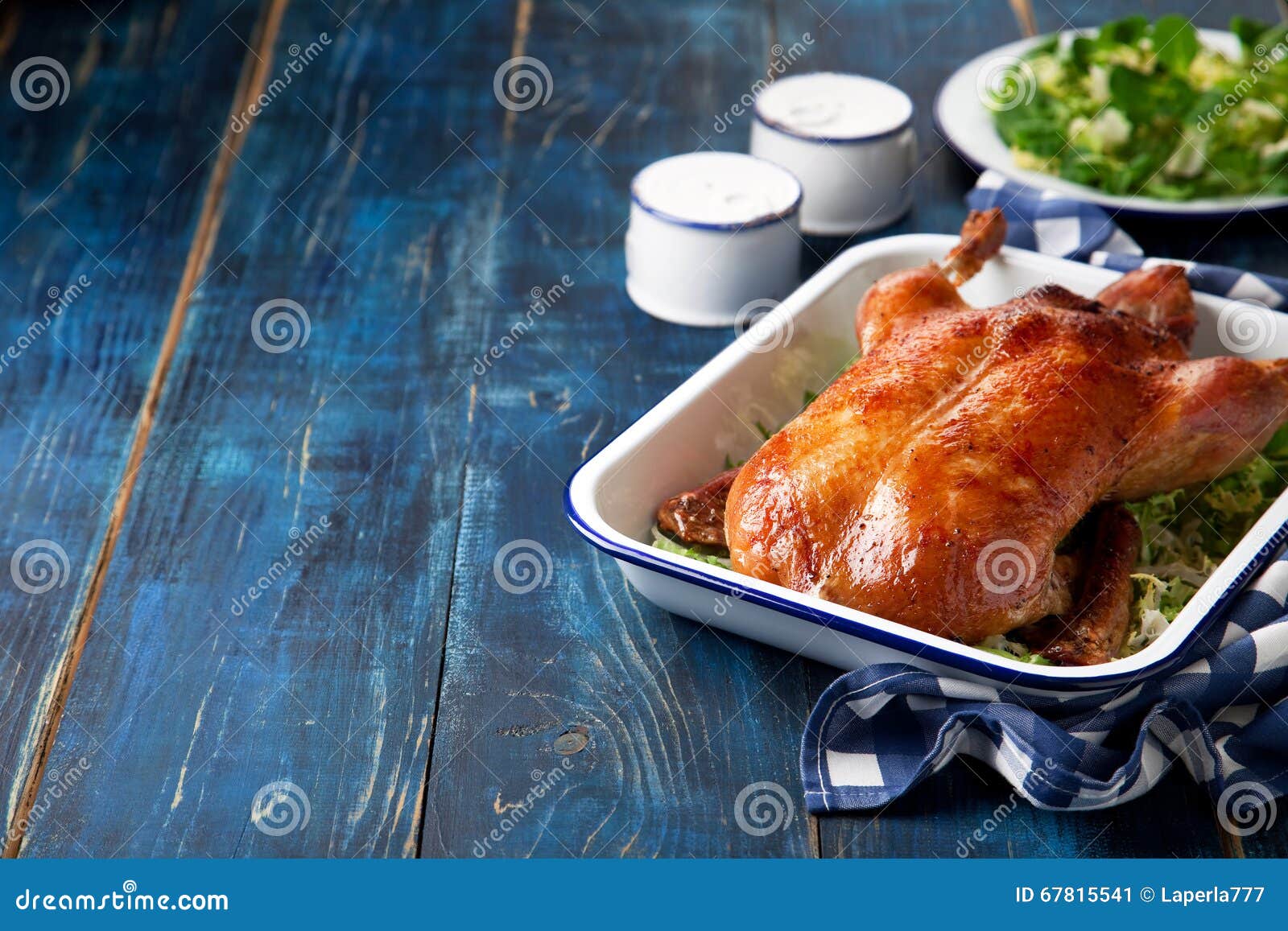 Roast Duck in Enamel Baking Dish Stock Image - Image of dinner, blue ...