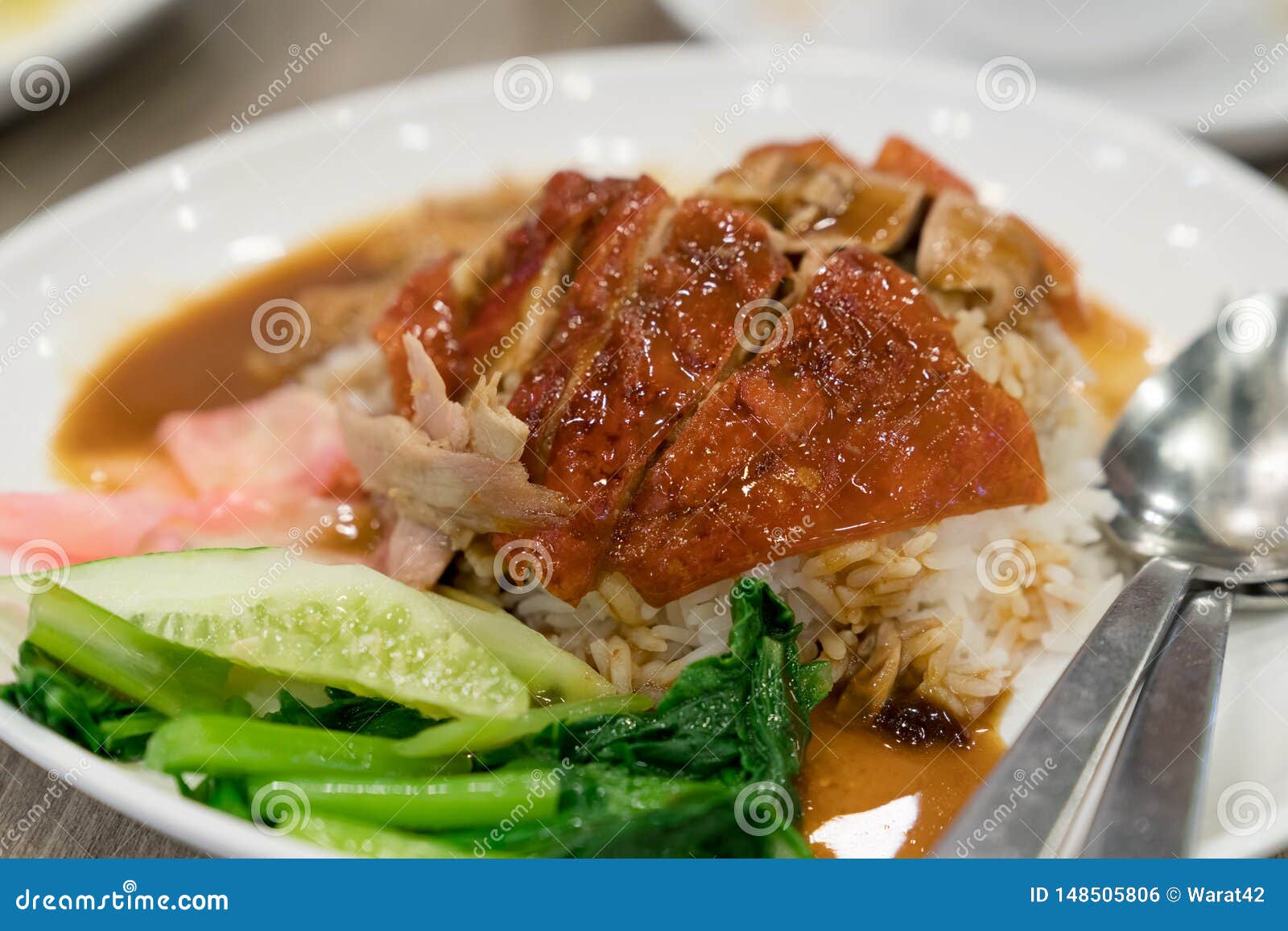 Roast duck over rice stock photo. Image of plate, closeup - 148505806