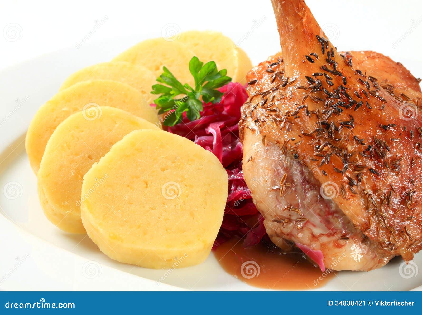 Roast Duck with Potato Dumplings and Red Cabbage Stock Image - Image of ...