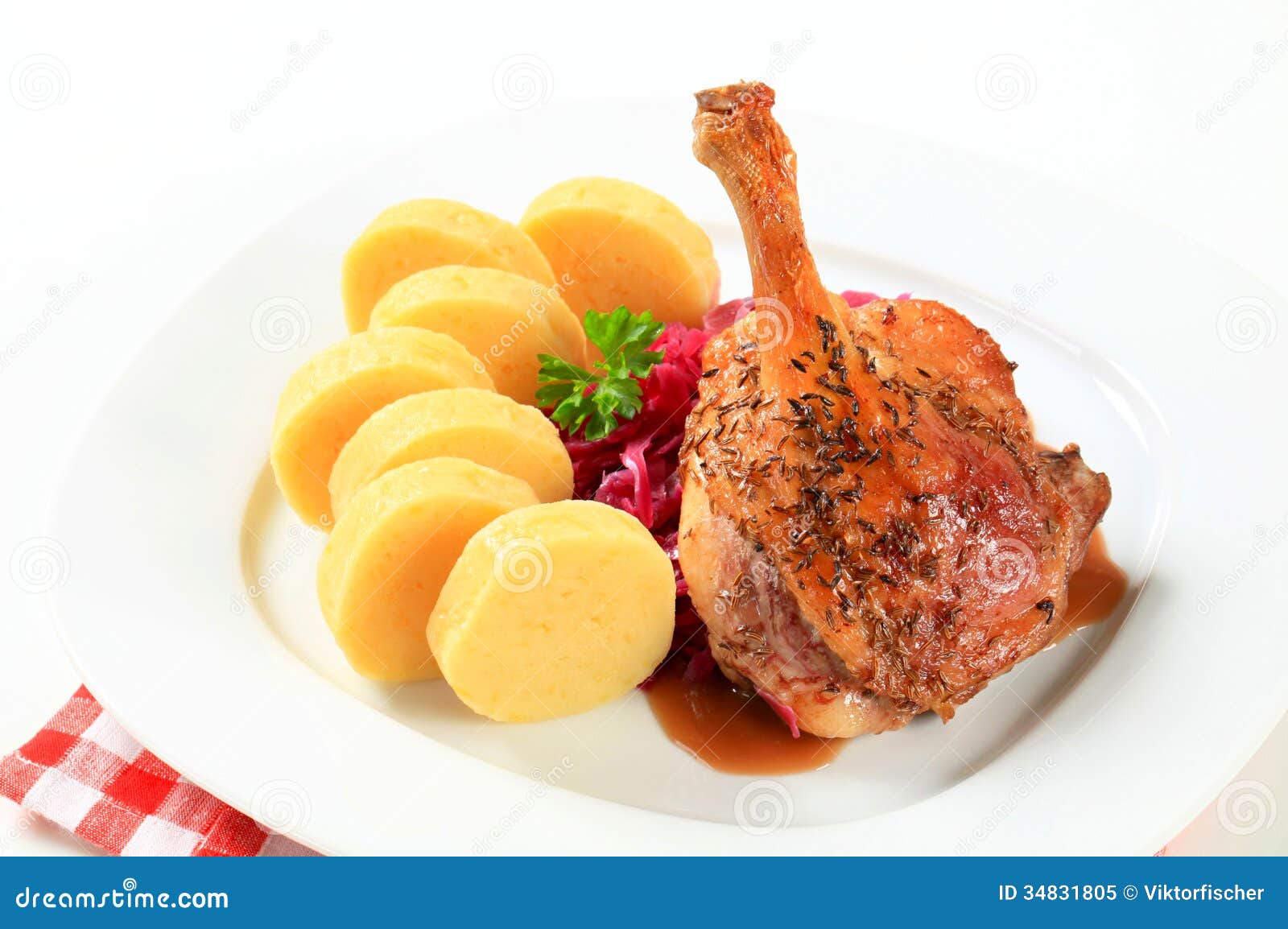 Roast Duck with Potato Dumplings and Red Cabbage Stock Image - Image of ...