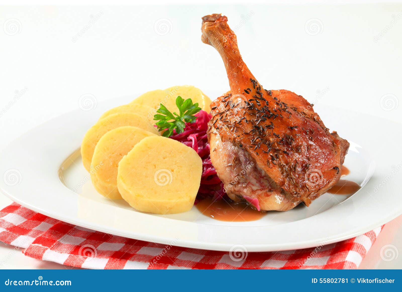 Roast Duck with Potato Dumplings and Red Cabbage Stock Image - Image of ...
