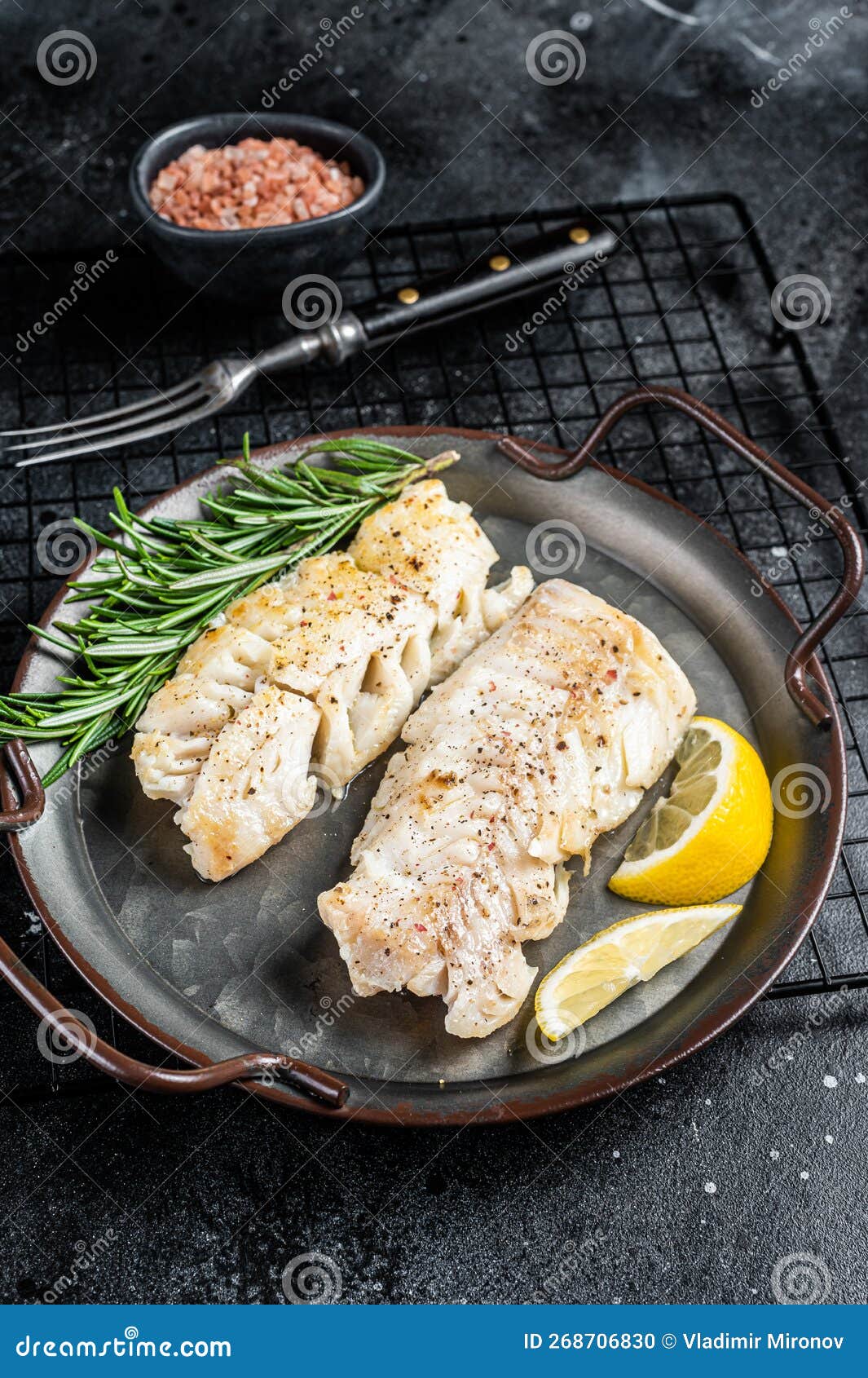 Roast Fillets of Codfish, Cooked Cod Fish Meat. Black Background Stock ...