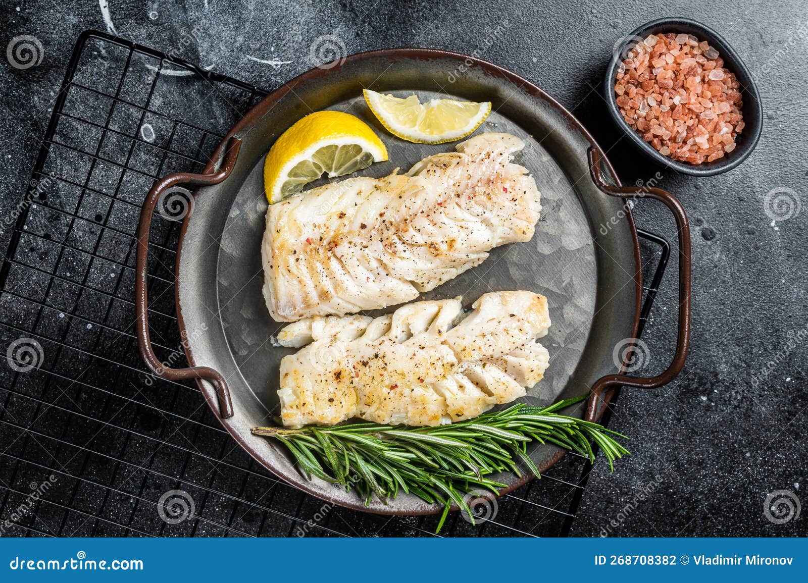 Roast Fillets of Codfish, Cooked Cod Fish Meat. Black Background Stock ...