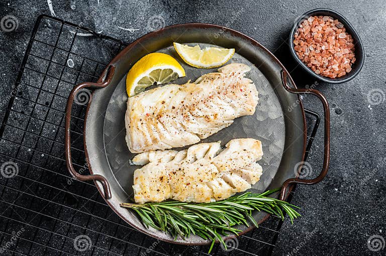Roast Fillets of Codfish, Cooked Cod Fish Meat. Black Background Stock ...