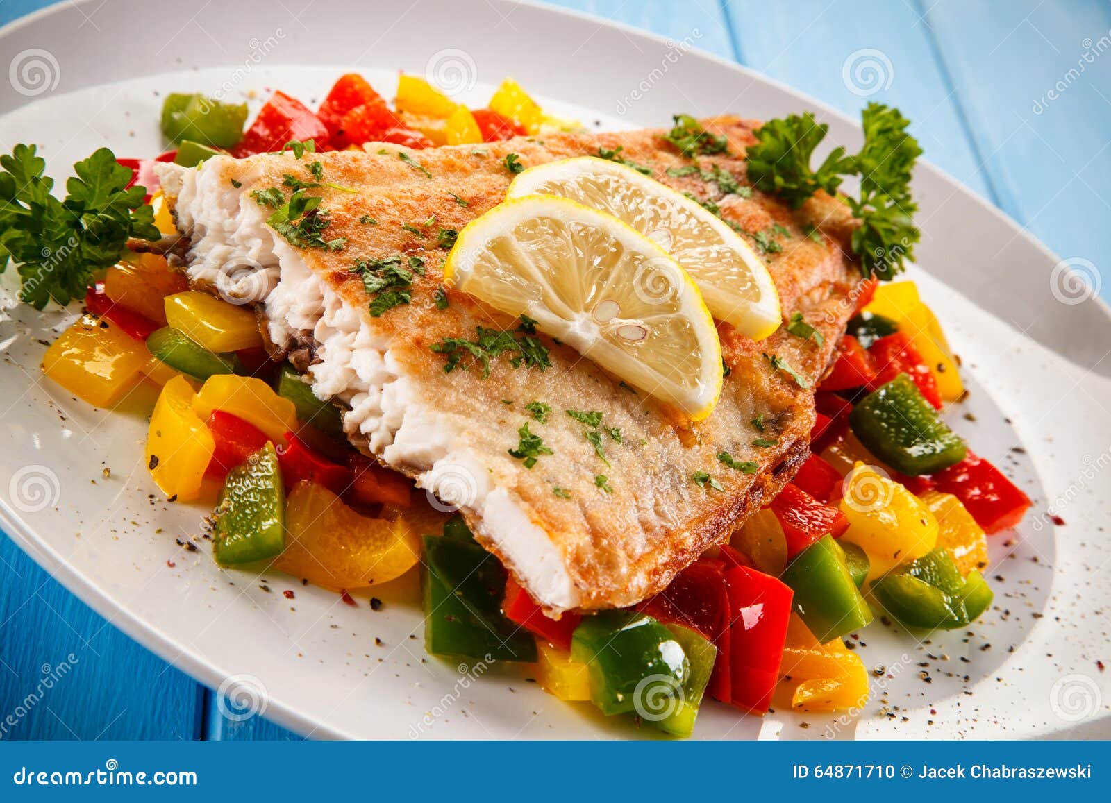 Roast fish fillet stock photo. Image of junk, garnish - 64871710