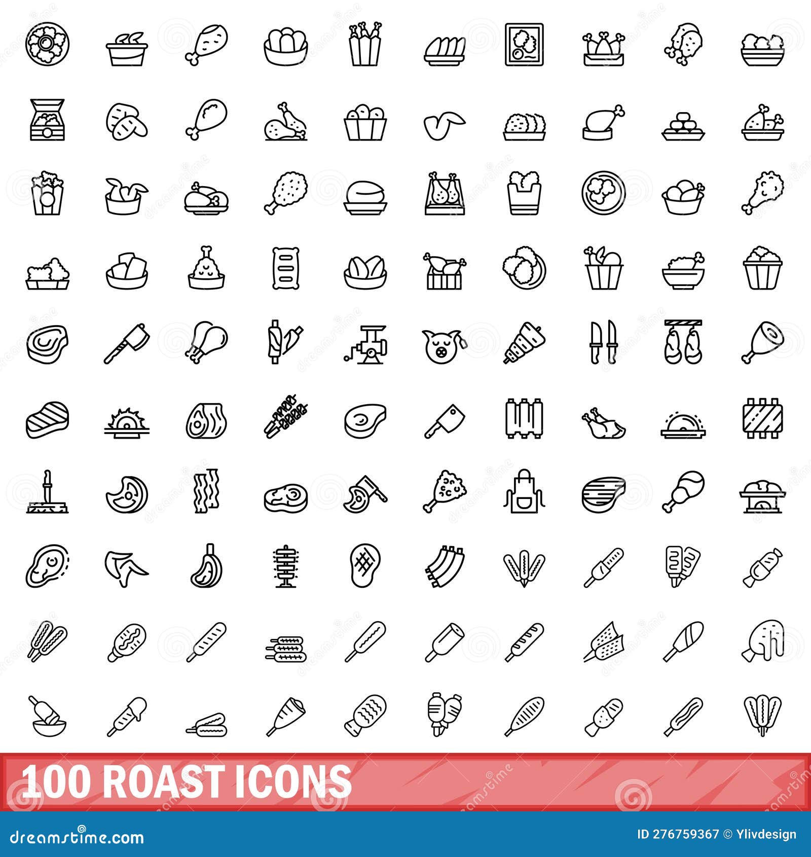 100 Roast Icons Set, Outline Style Stock Vector - Illustration of plate ...
