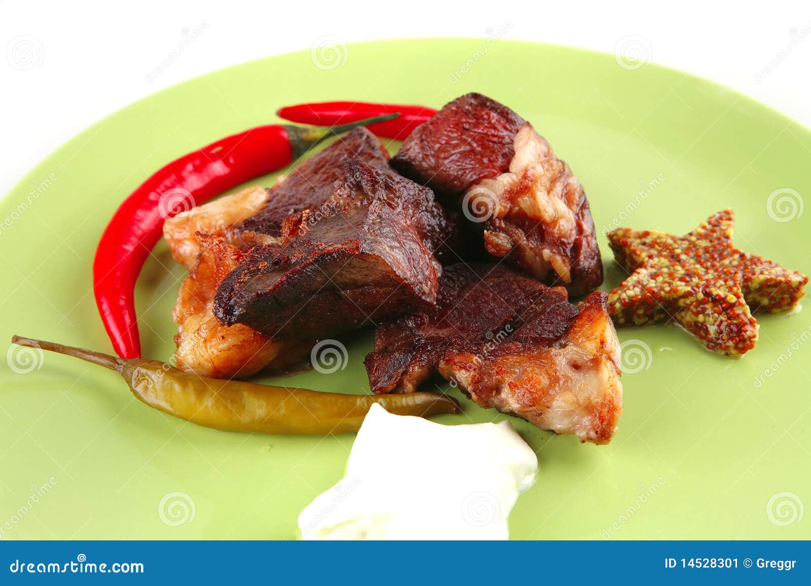 Roast Meat Chunks on Green Plate Stock Image - Image of close, green ...