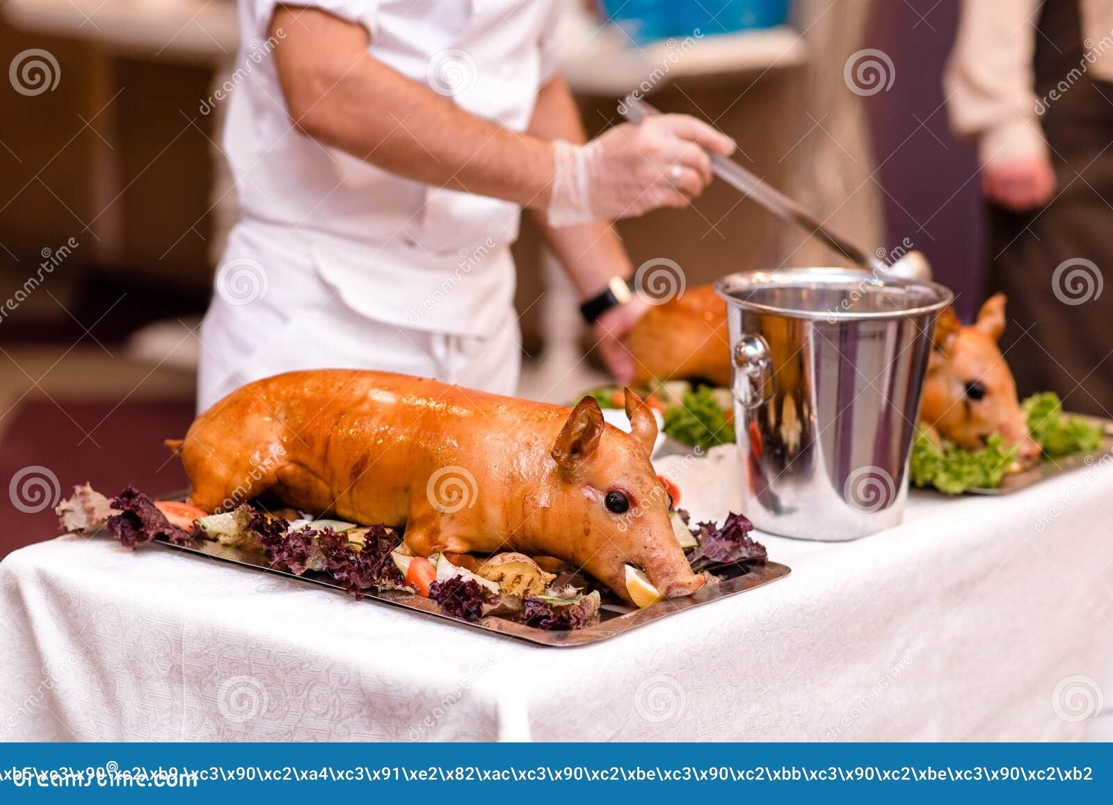 Roast Pig. Roasted Piglet with Vegetables on Platter Stock Image ...