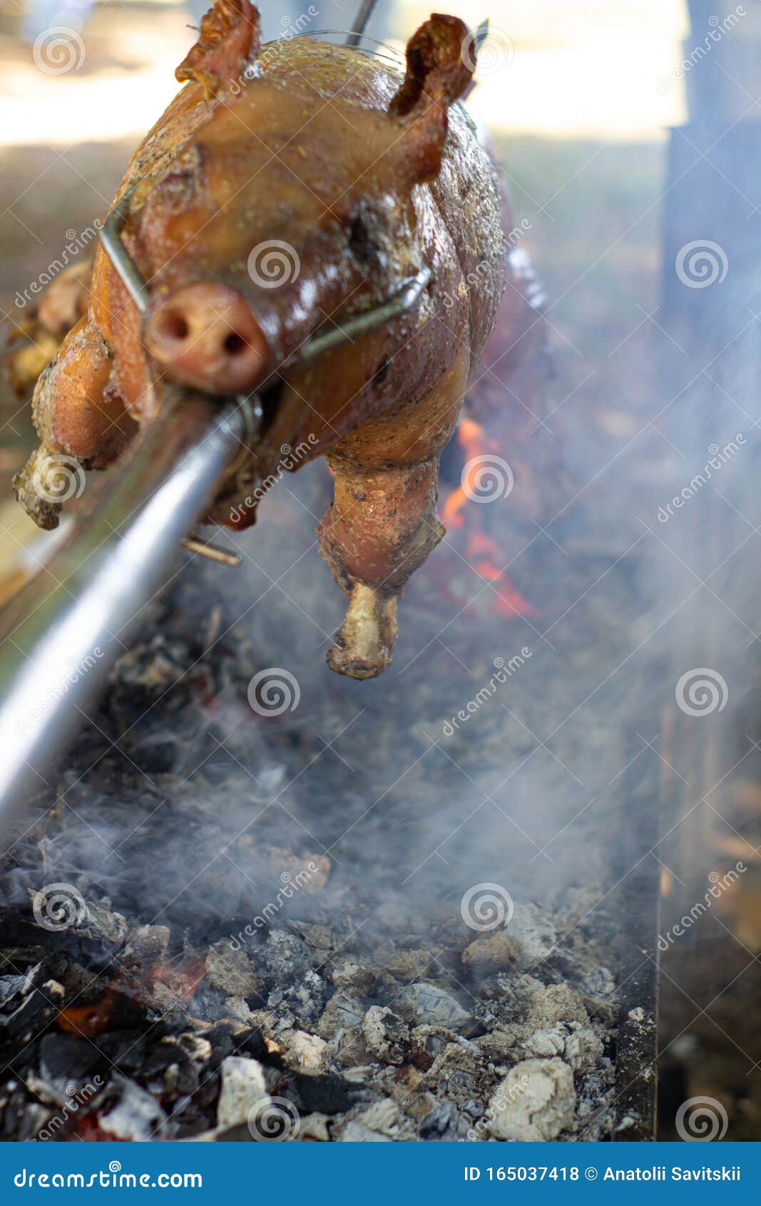 Roast Pig On A Spit. Pig Cooking In Germany Stock Photography ...