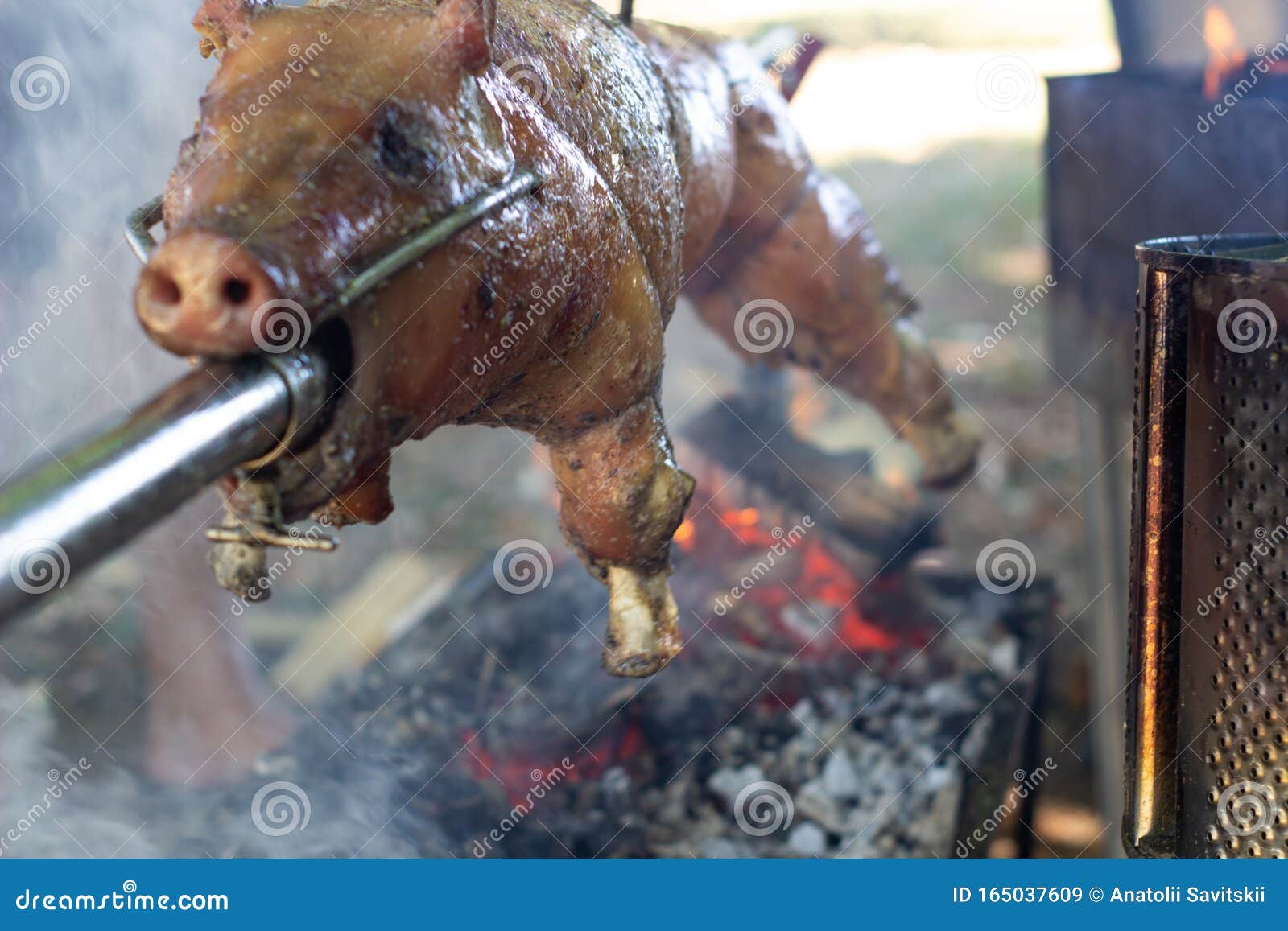 Roast Pig on a Spit. Pig Cooking in Germany Stock Image - Image of ...