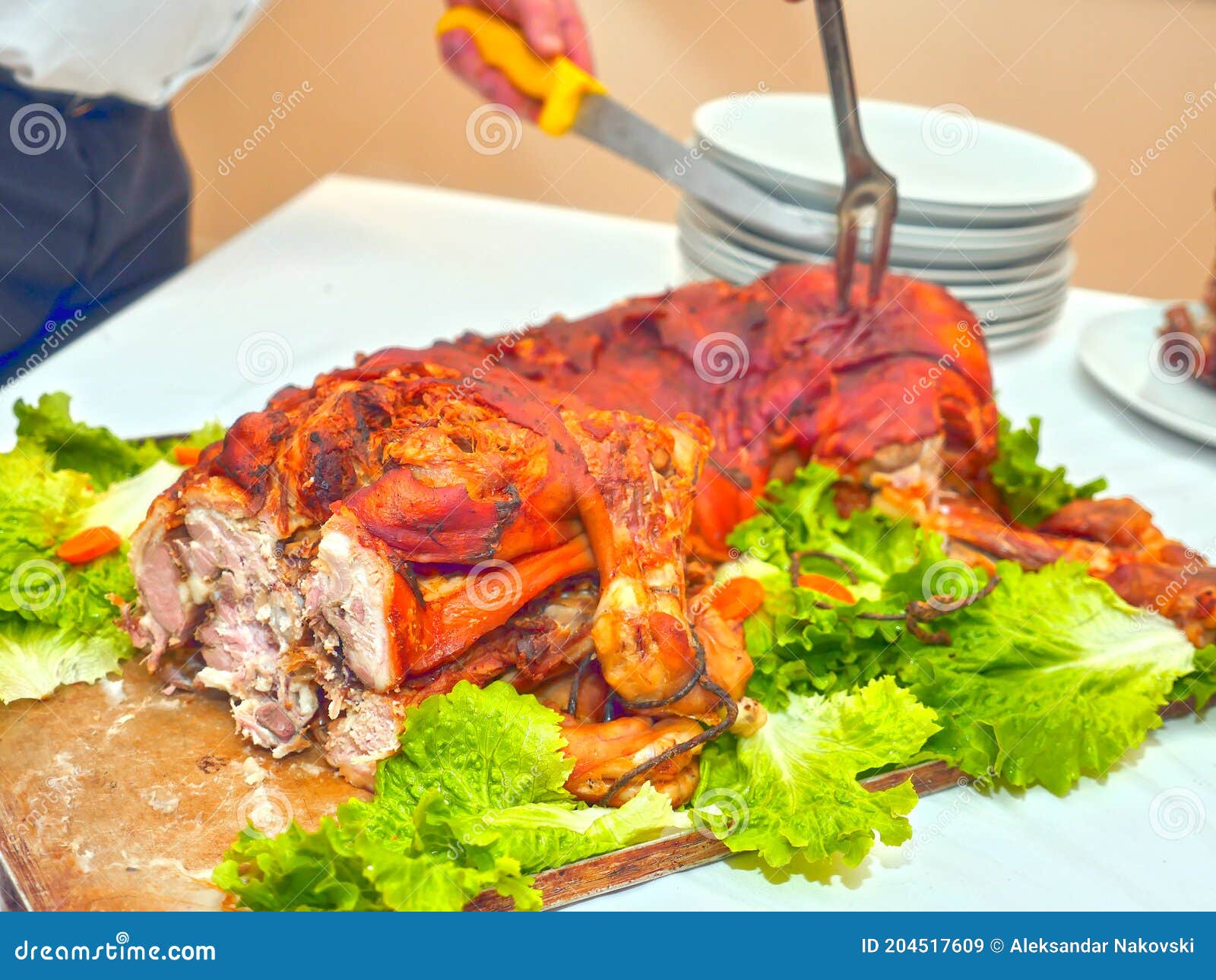 Roast pig on table, macro stock image. Image of barbecue - 204517609