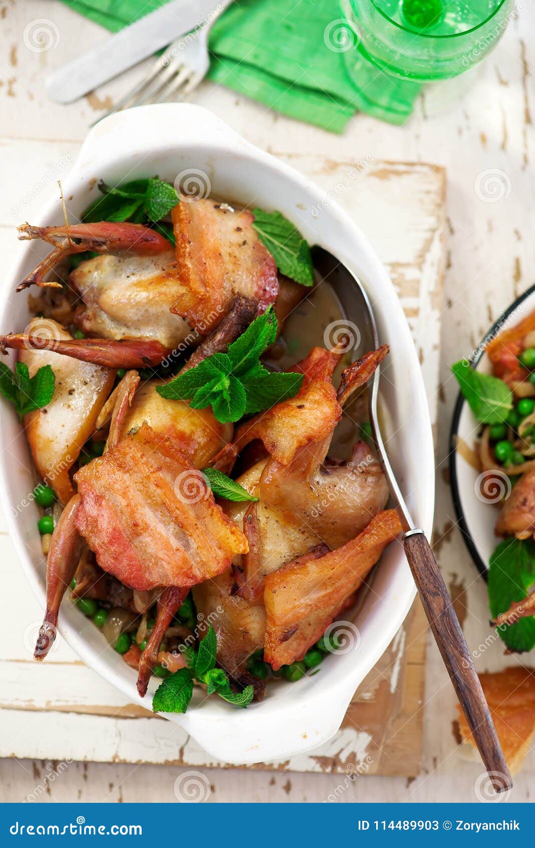Roast Quail with Bacon, Peas and Mint Stock Image - Image of peas ...
