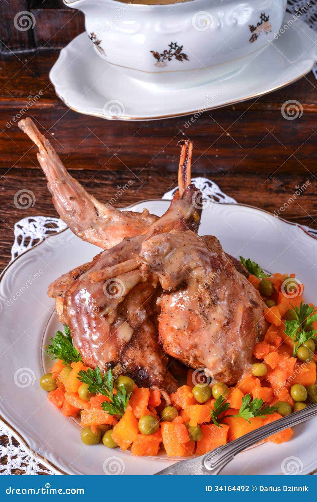 Roast rabbit stock photo. Image of indoor, peas, interior - 34164492
