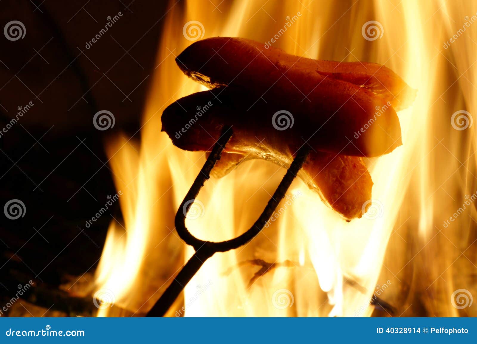 Roast sausages on fire stock photo. Image of campfire - 40328914