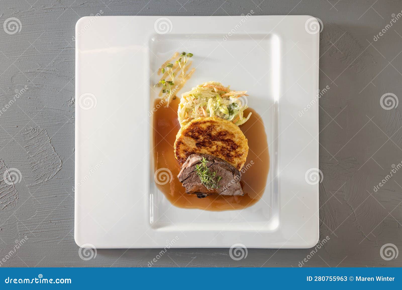 Roast Venison Meat, Fried Bread Dumpling and Ro Cabbage Vegetable with ...