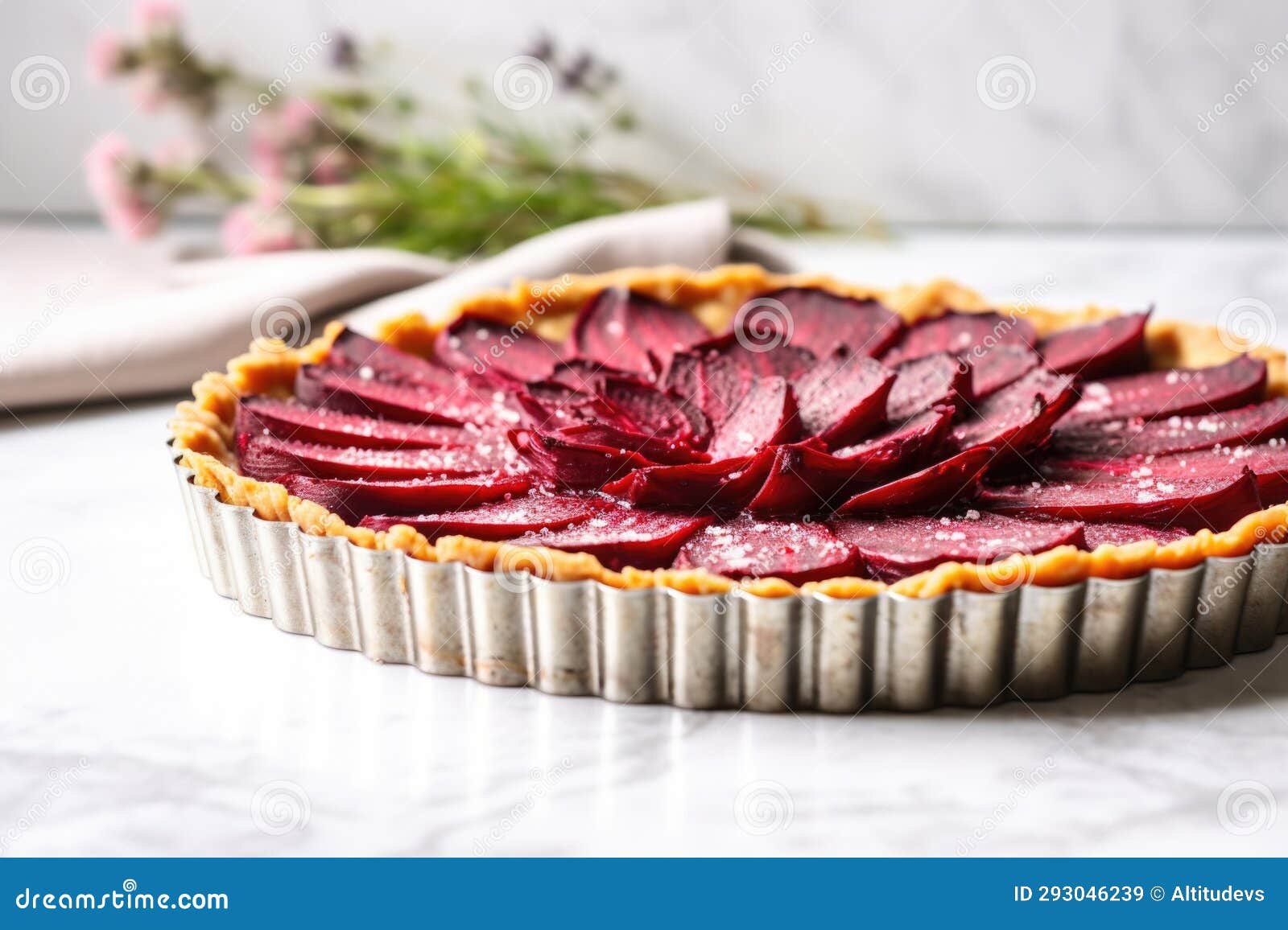 Roasted Beet Tart in a Silver Tart Pan on a Marble Counter Stock Image ...