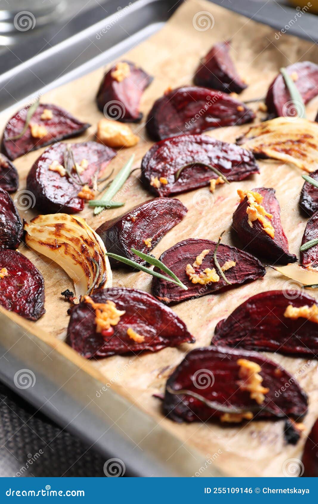 Roasted Beetroot Slices in Baking Dish Stock Photo - Image of organic ...