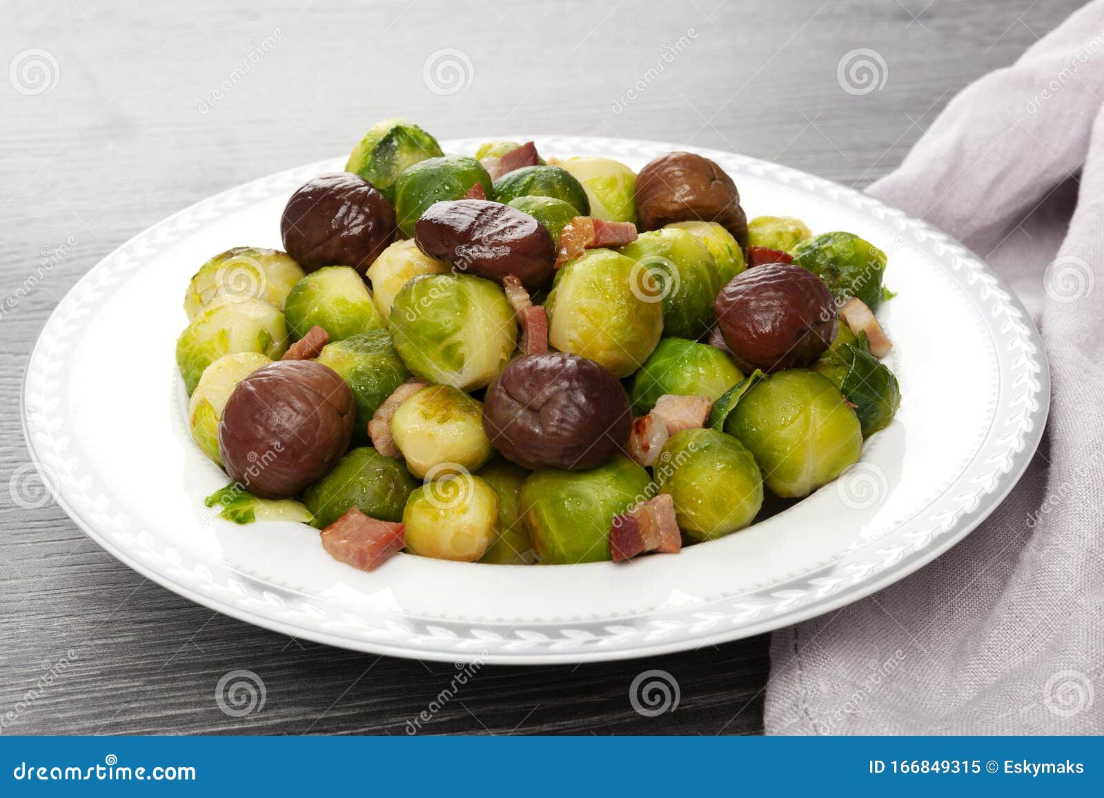 Roasted Brussels Sprouts with Bacon and Chestnuts Stock Image - Image ...