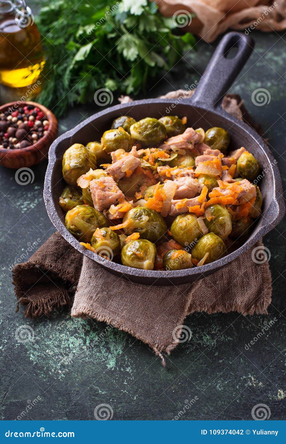 Roasted Brussels Sprouts with Meat Stock Photo - Image of appetizing ...