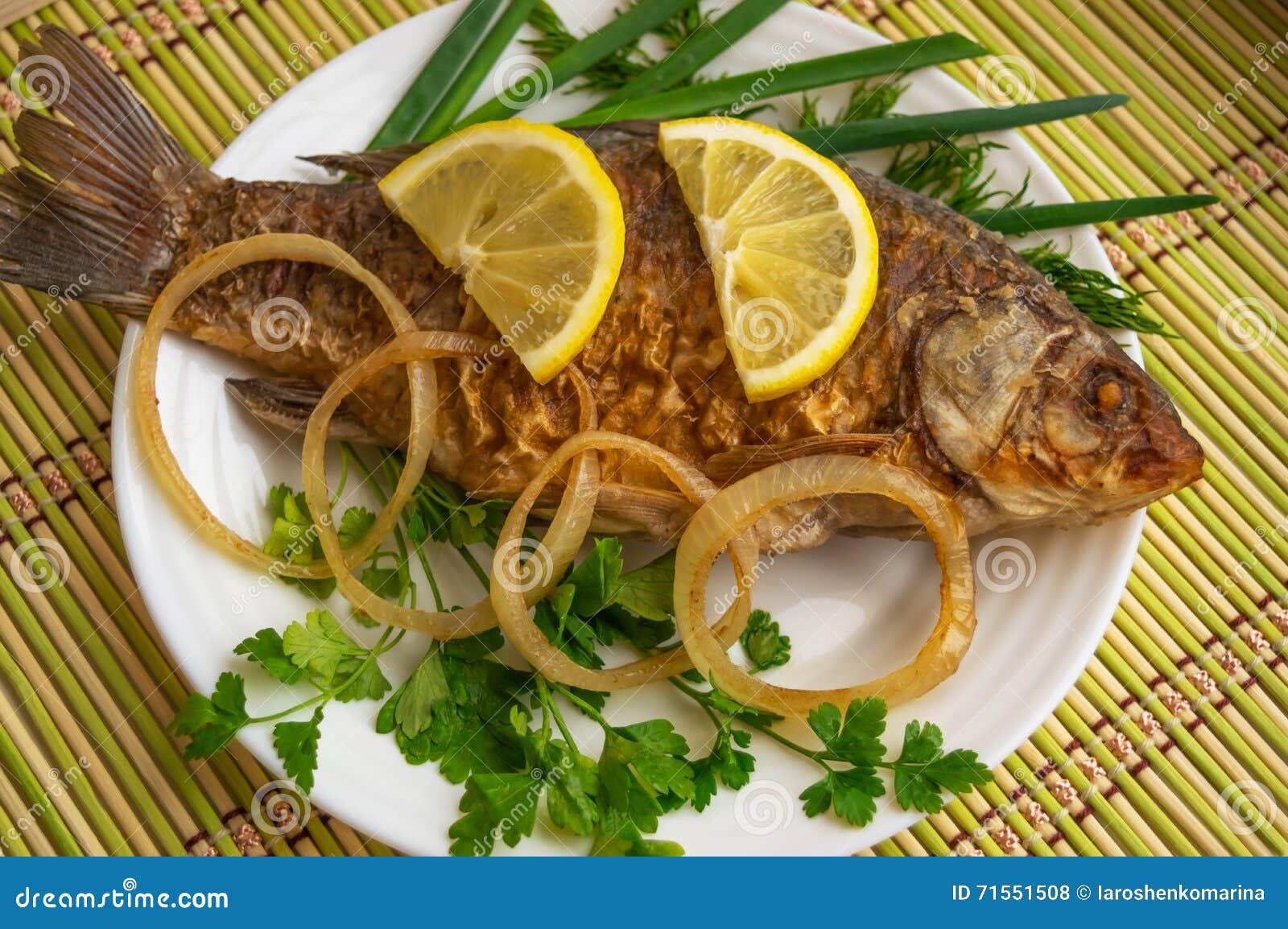 Roasted Carp Fish with Greens Stock Photo - Image of pepper, background ...