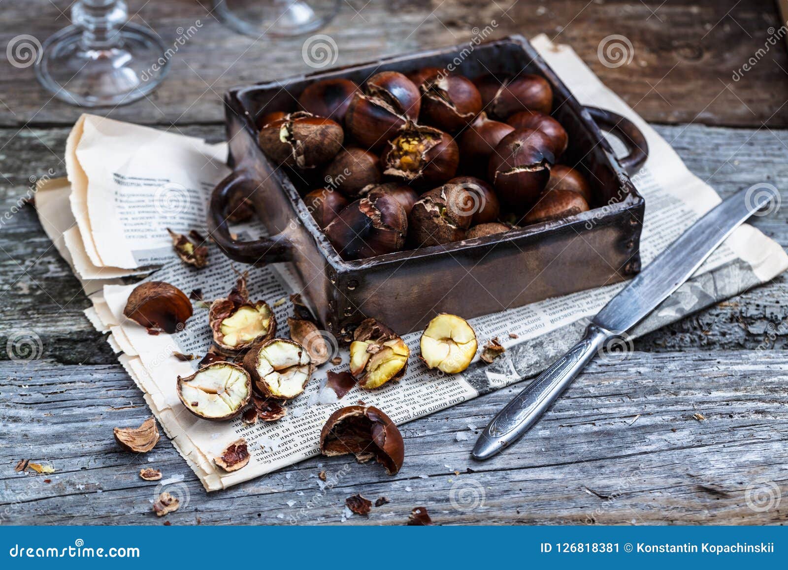 Roasted Chestnuts in an Old Box. Selective Focus. Stock Image - Image ...