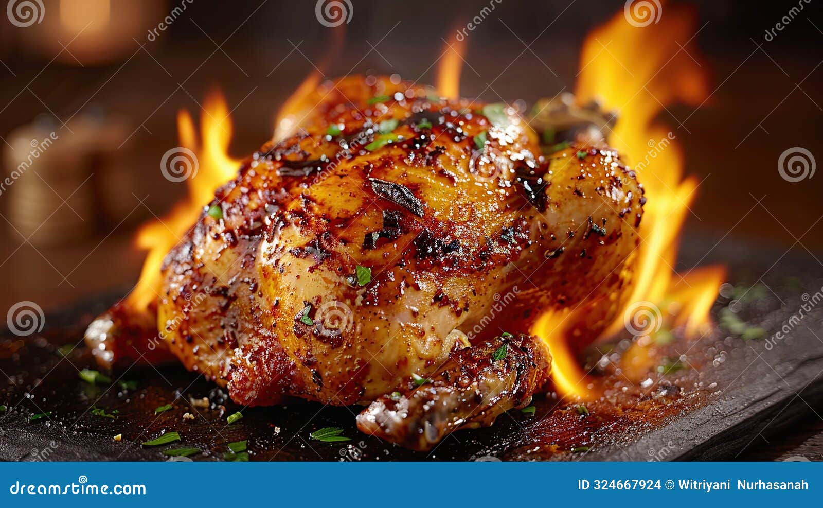 Roasted Chicken on Fire stock illustration. Illustration of roasted ...