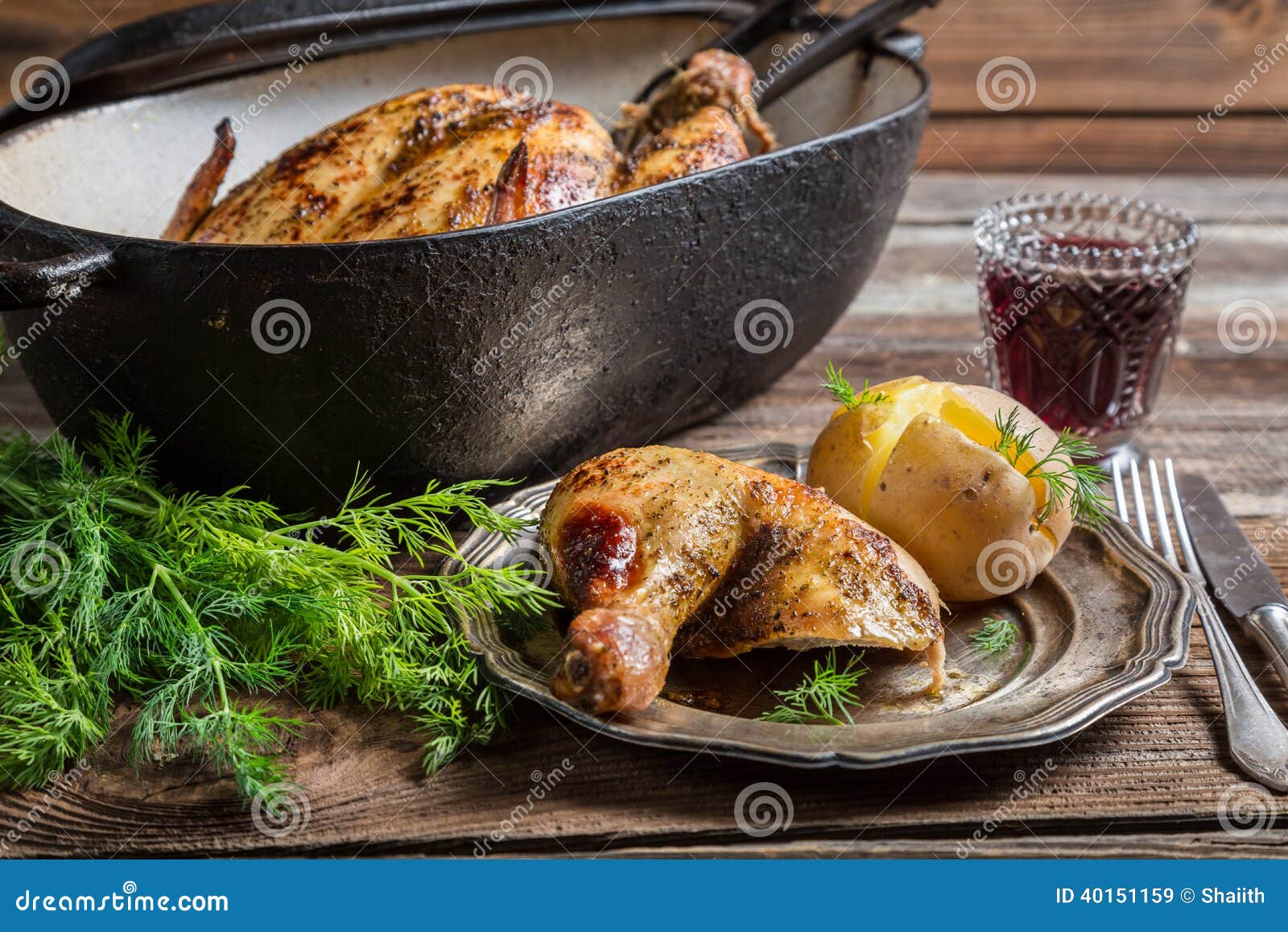 Roasted Chicken and Jacket Potato with Dill Stock Image - Image of ...