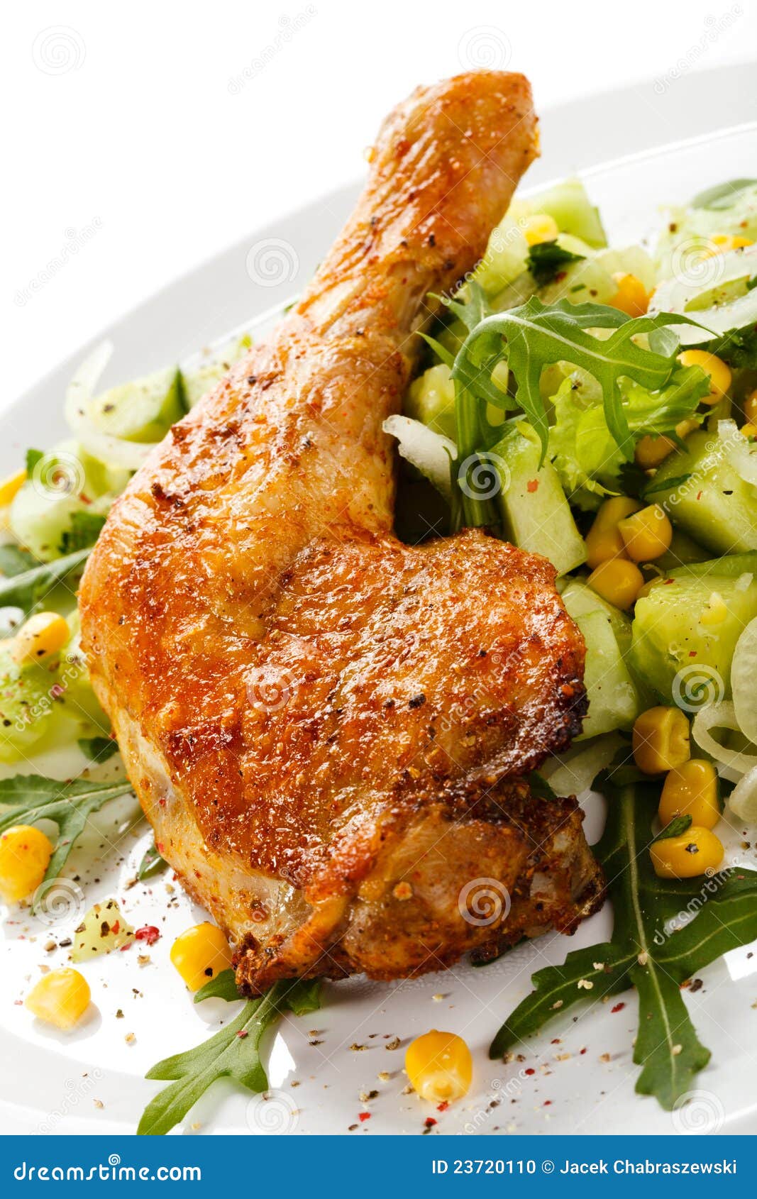 Roasted chicken leg stock photo. Image of cucumber, chips - 23720110