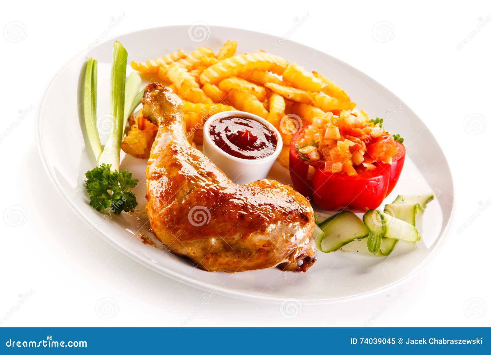 Roasted Chicken Leg with Chips Stock Image - Image of color, delicious ...