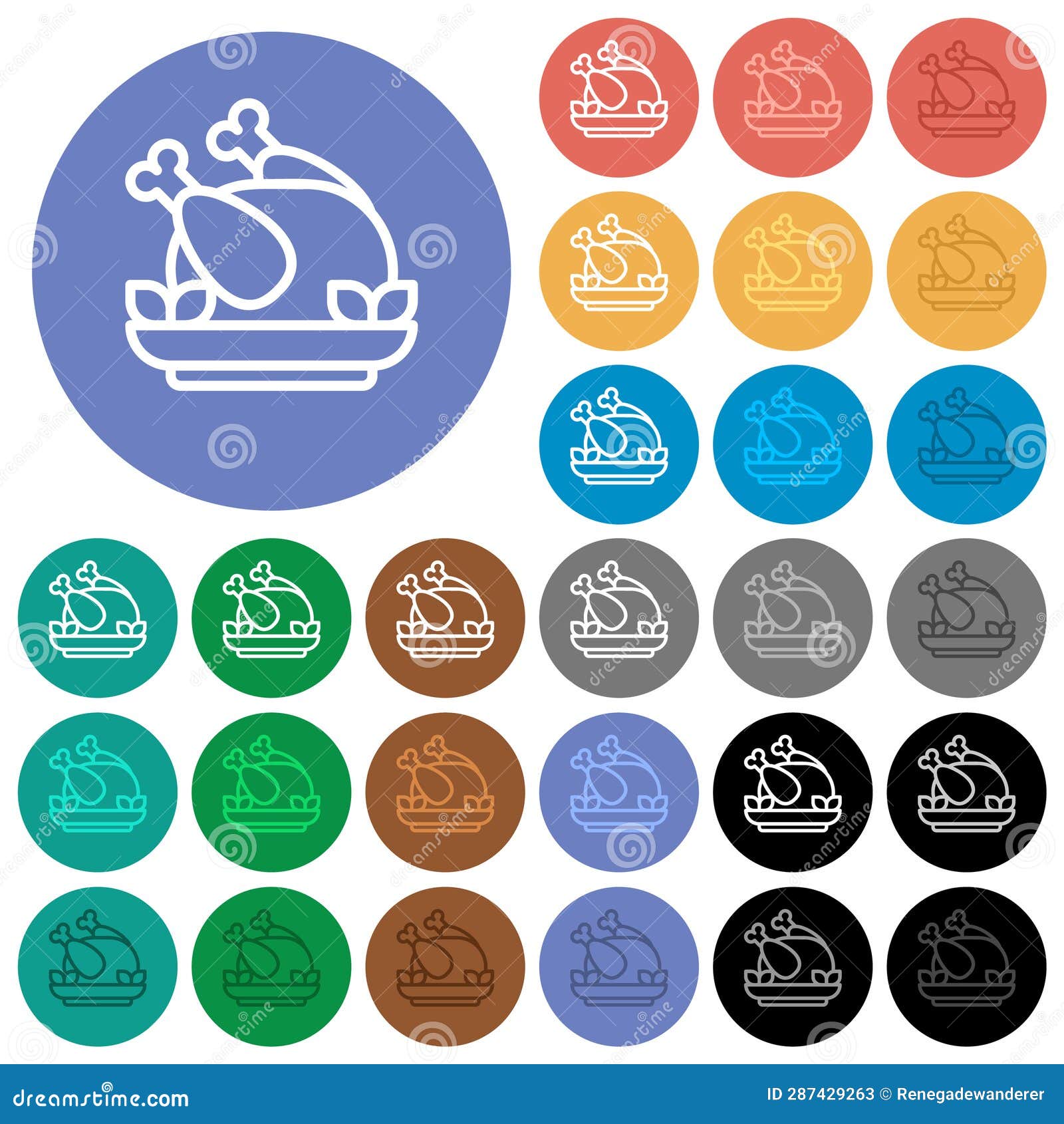 Roasted Chicken Outline Round Flat Multi Colored Icons Stock Vector ...