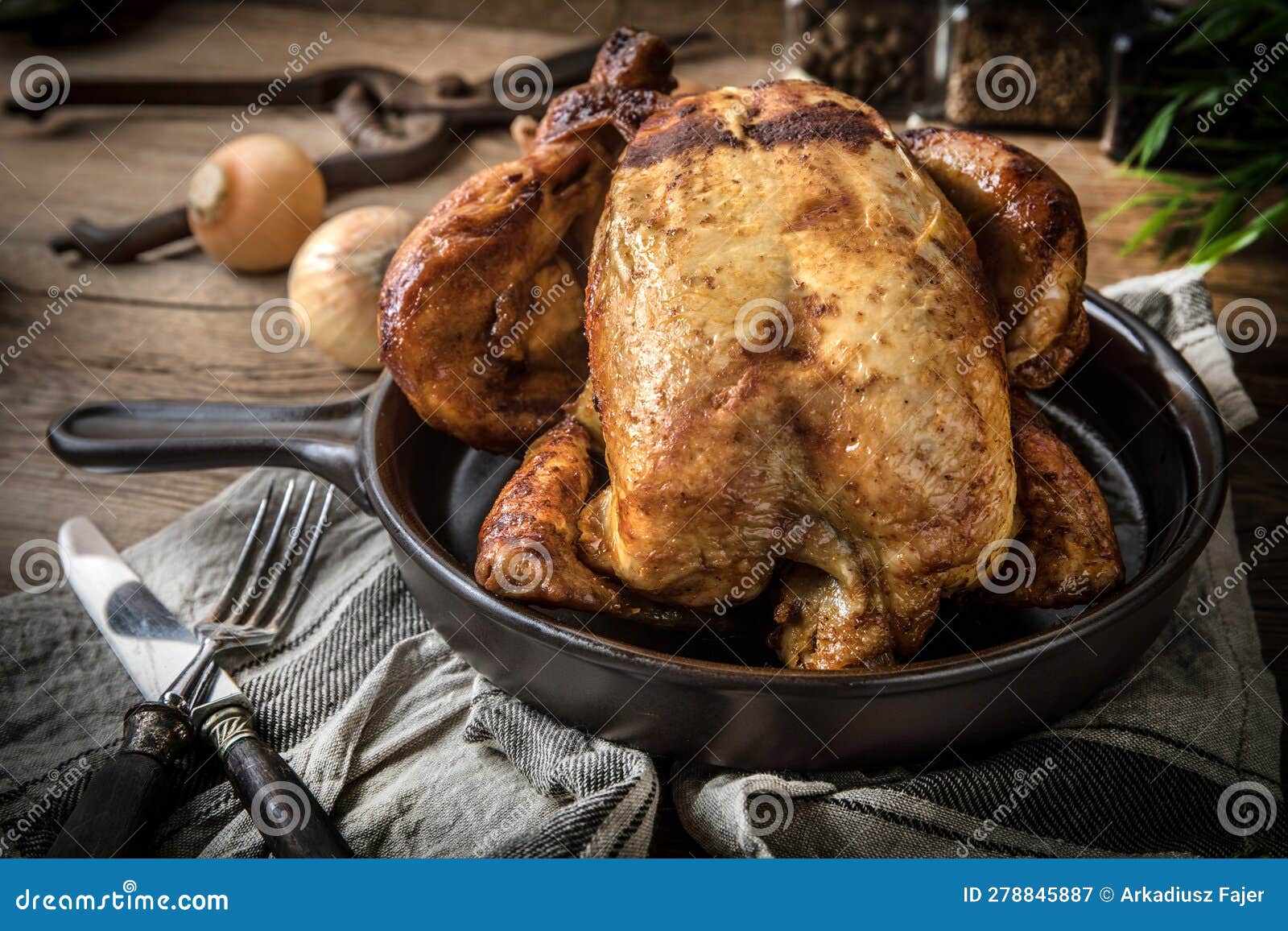 Roasted chicken on plate stock image. Image of crispy - 278845887