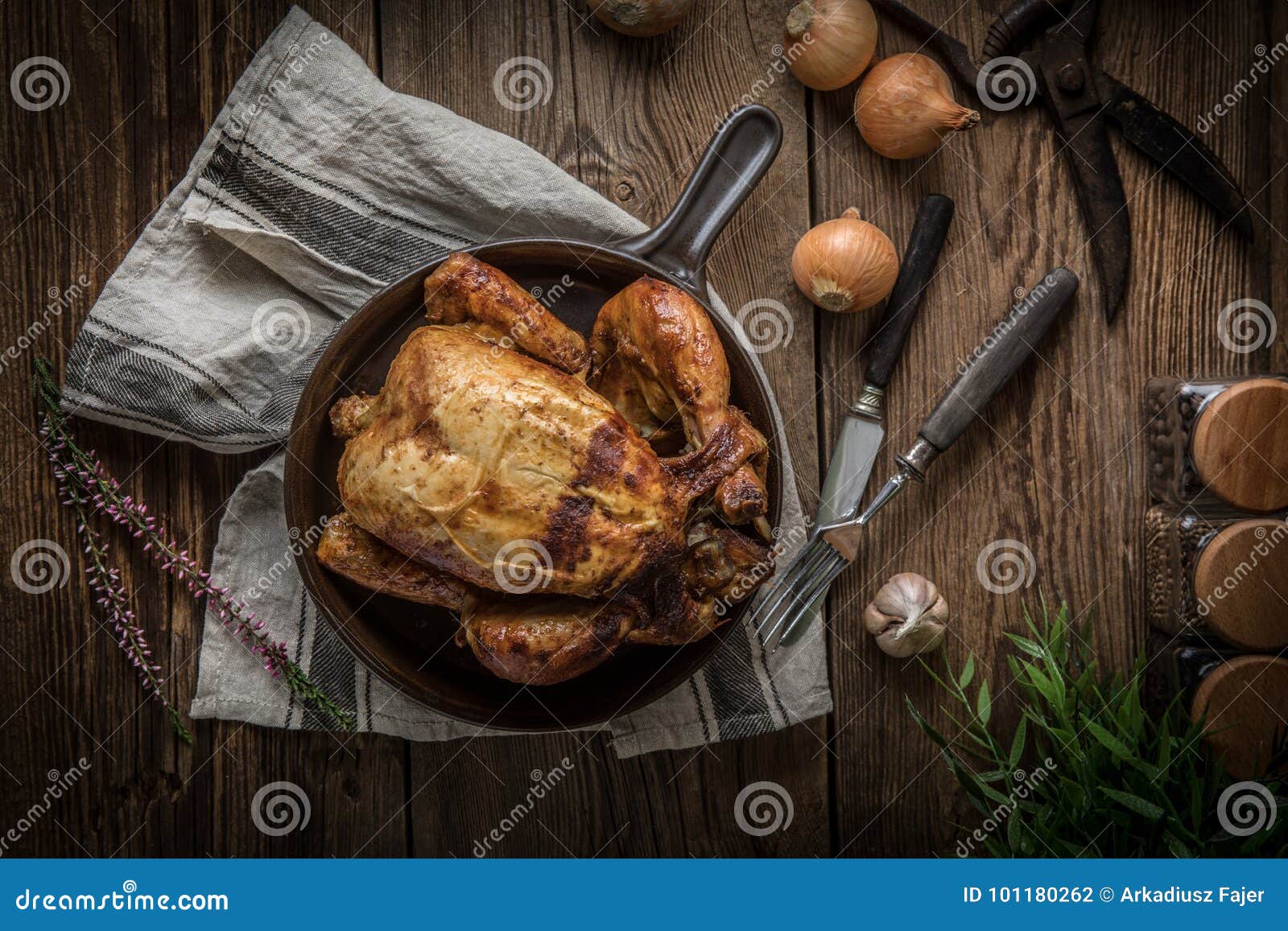 Roasted chicken on plate. stock photo. Image of rustic - 101180262