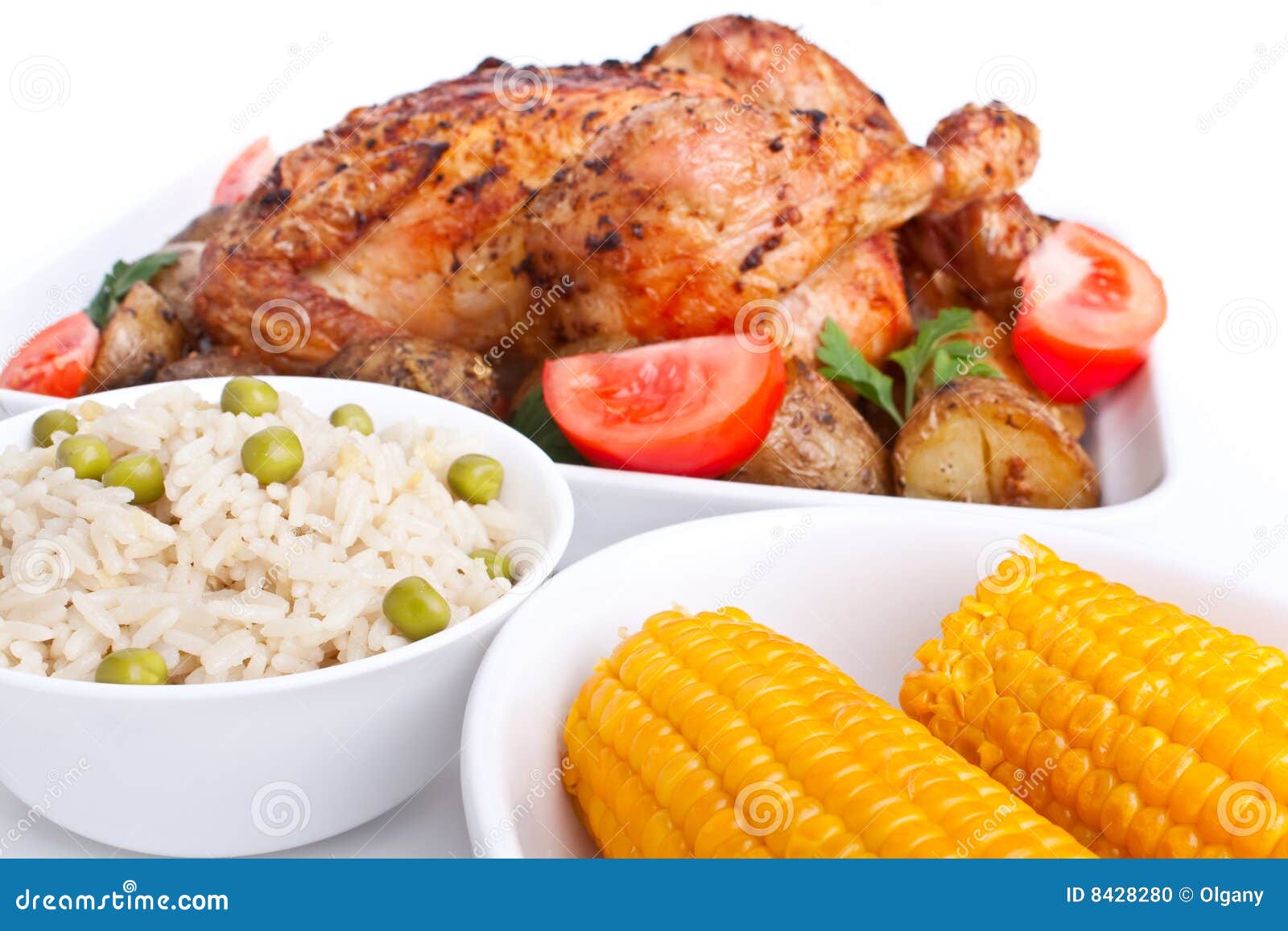 Roasted Chicken, Potatoes,rice, Corn Stock Photo - Image of cooked ...