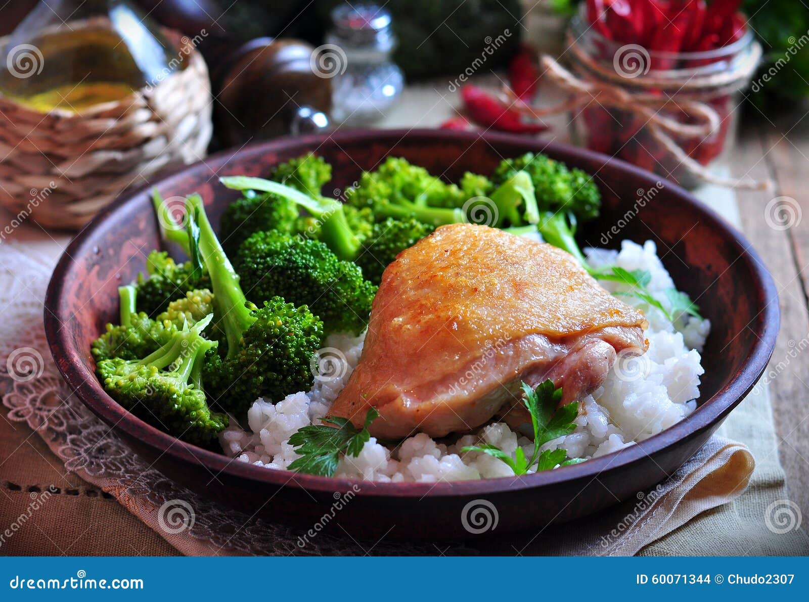Roasted Chicken with Rice and Broccoli, Rustic Style Stock Photo ...