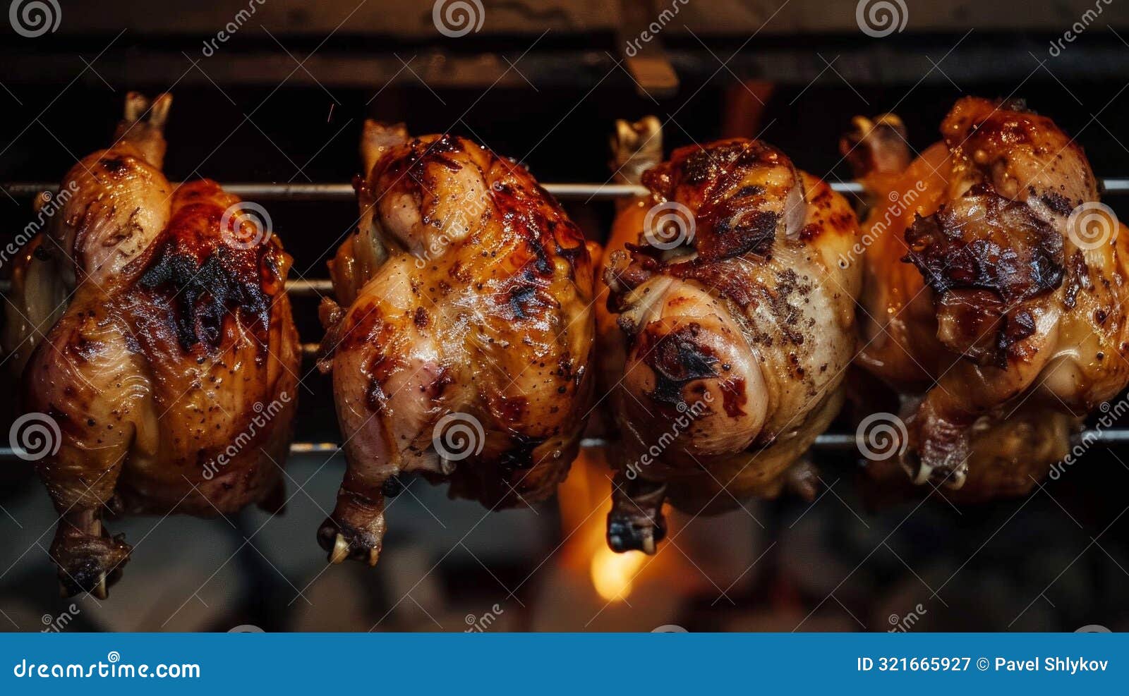 Roasted Chicken in a Row Turning at Industrial Roaster Stock Image ...
