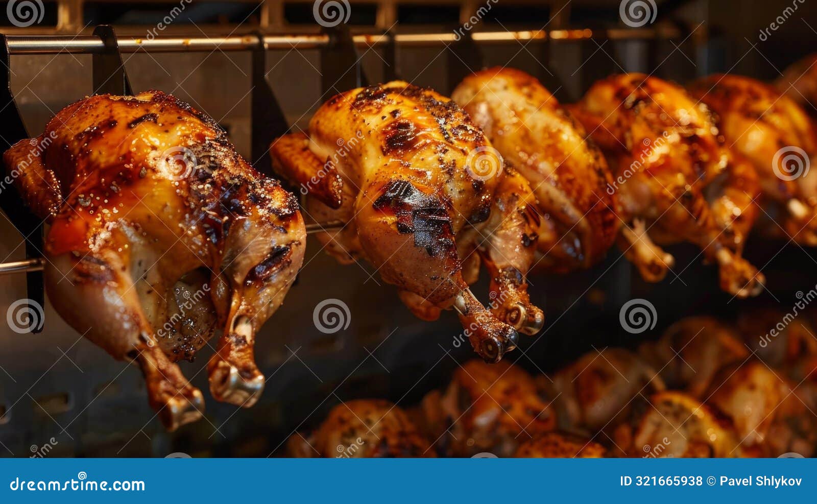Roasted Chicken in a Row Turning at Industrial Roaster Stock Photo ...