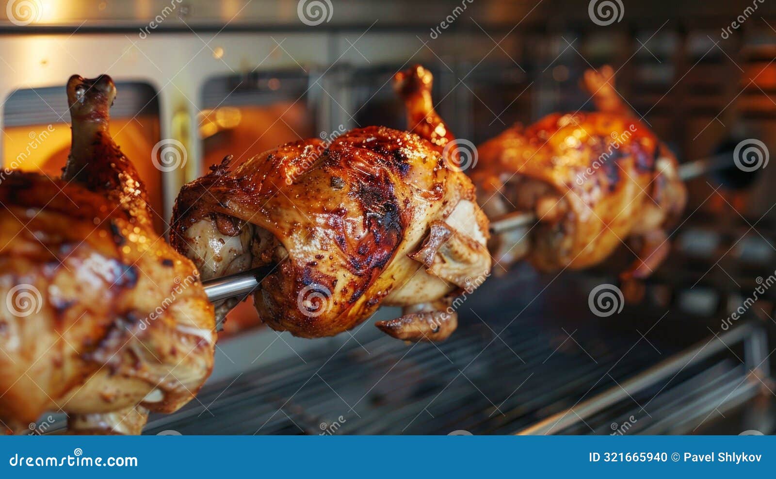Roasted Chicken in a Row Turning at Industrial Roaster Stock Photo ...