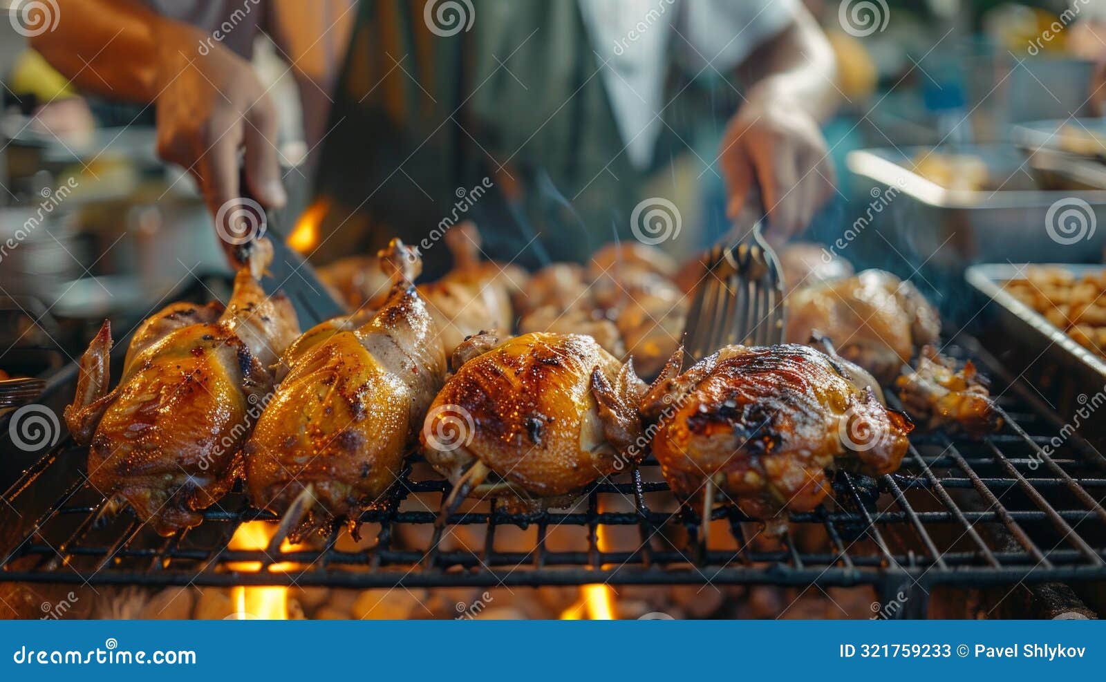 Roasted Chicken in a Row Turning at Industrial Roaster Stock Image ...