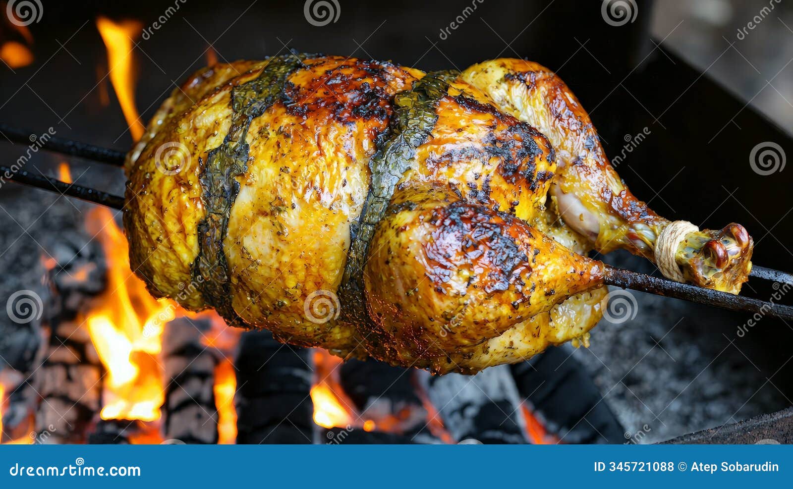 Roasted Chicken on a Spit Over an Open Fire Stock Photo - Image of ...