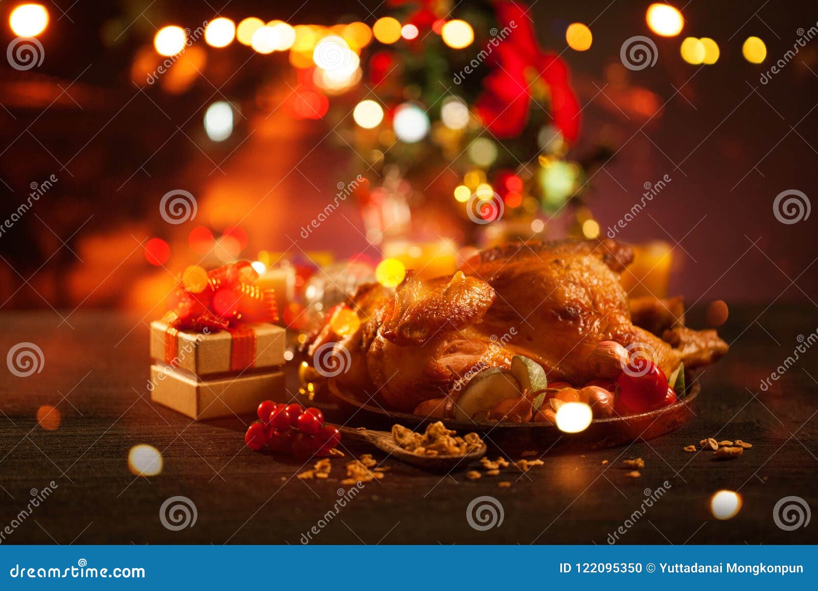 Christmas Dinner with Roasted Chicken Stock Photo - Image of baked ...