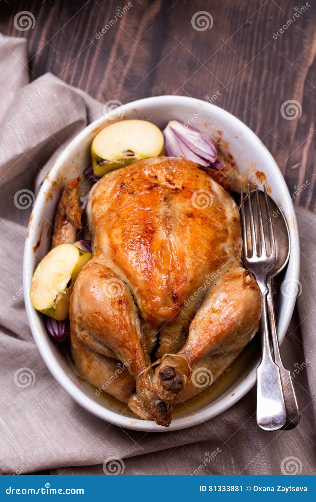 Roasted Chicken on Wooden Table, Top View Stock Image - Image of heat ...