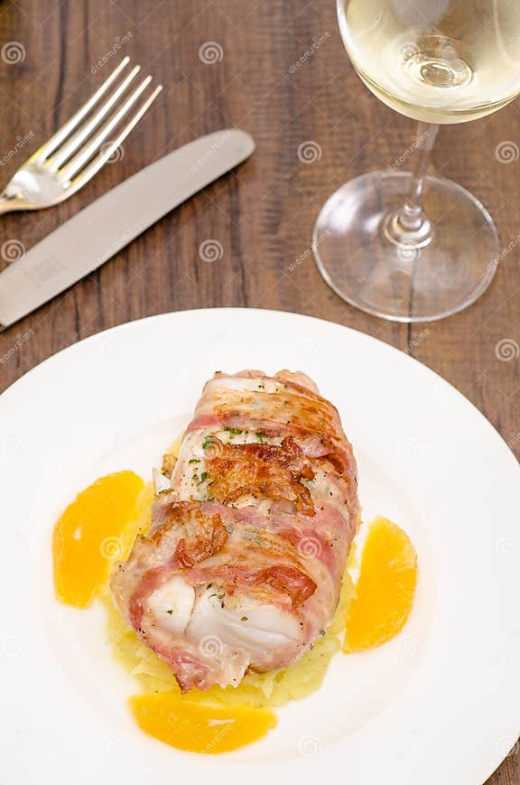 Roasted cod with bacon stock image. Image of roast, bacon - 39165841