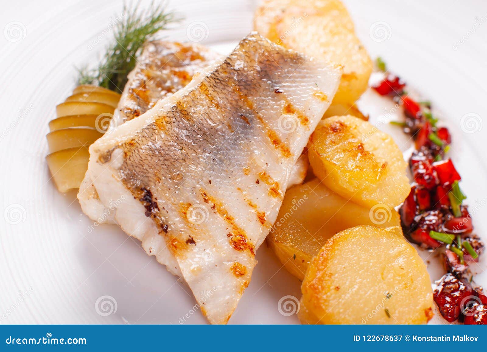 Roasted Cod, Codfish with Baked Potatoes and Vegetables with Pickled ...