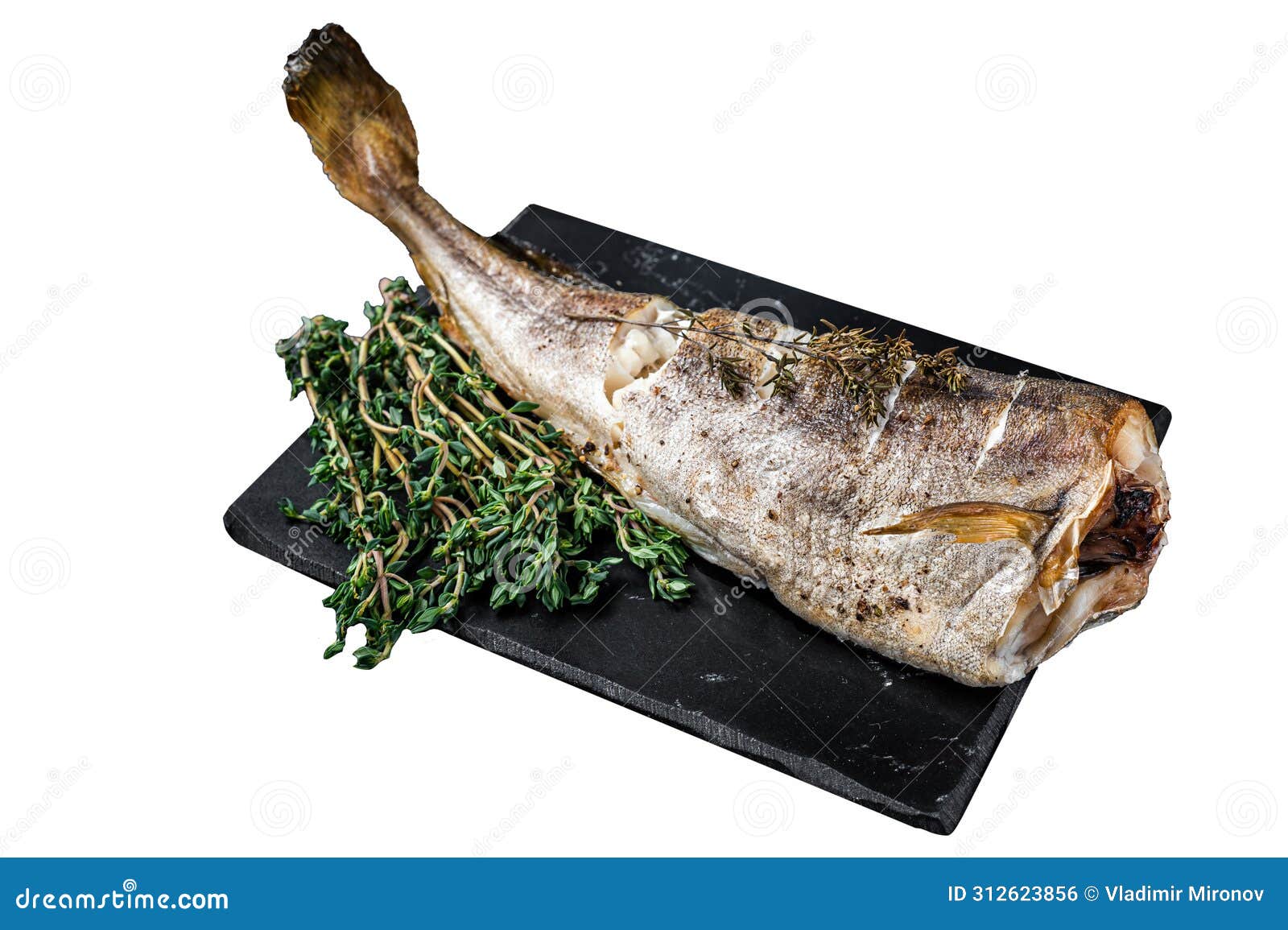 Roasted Cod White Fish with Thyme on Marble Board. Isolated on White ...