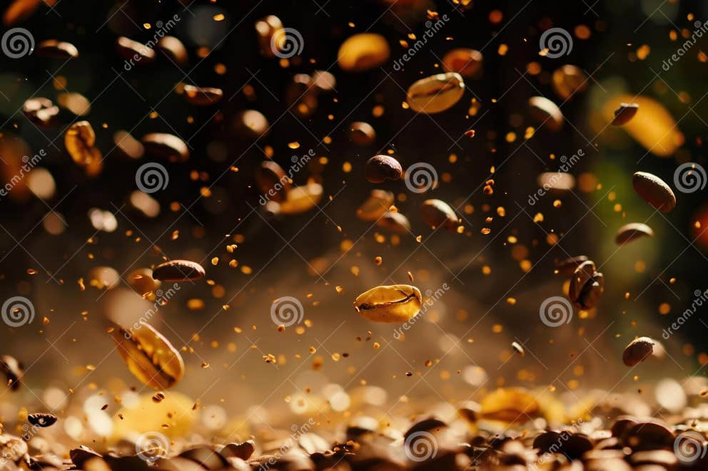 Roasted Coffee Beans Falling and Creating Dust Cloud Effect Stock ...