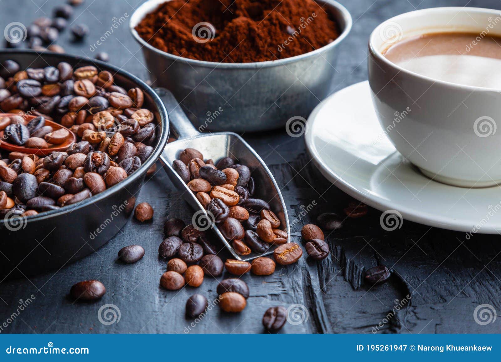 .Roasted Coffee Beans with Coffee Powder and Coffee Cups Stock Image ...