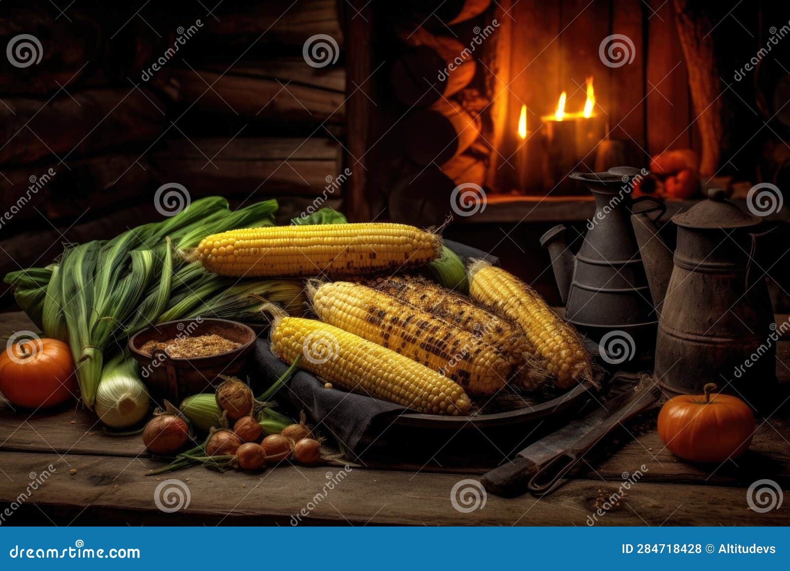 Roasted Corn on the Cob on Rustic Wooden Table Near Campfire Stock ...